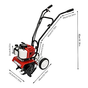 Tiller Cultivator, Powerful 52cc 2 Stroke Air-cooled Gas Engine, Gear Drive Transmission, Farm Yard Garden Tilling Tool, 6500 rpm, Red