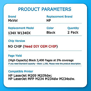 MxVol (NO CHIP) Compatible HP 134X W1340X 134A W1340A Toner Cartridge (2,400 Pages x 2) High Yield Black Toner use for HP MFP M234dw M234sdw M209dw M234 M209 Printer, 2-Pack