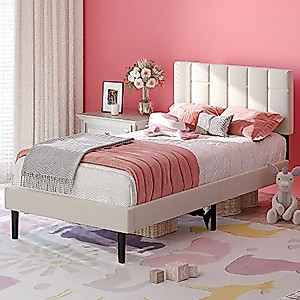 LIKIMIO Twin Platform Bed Frame, Modern Upholstered Bed with Headboard and Wood Slat Support, Noise-Free, No Box Spring Needed, Beige