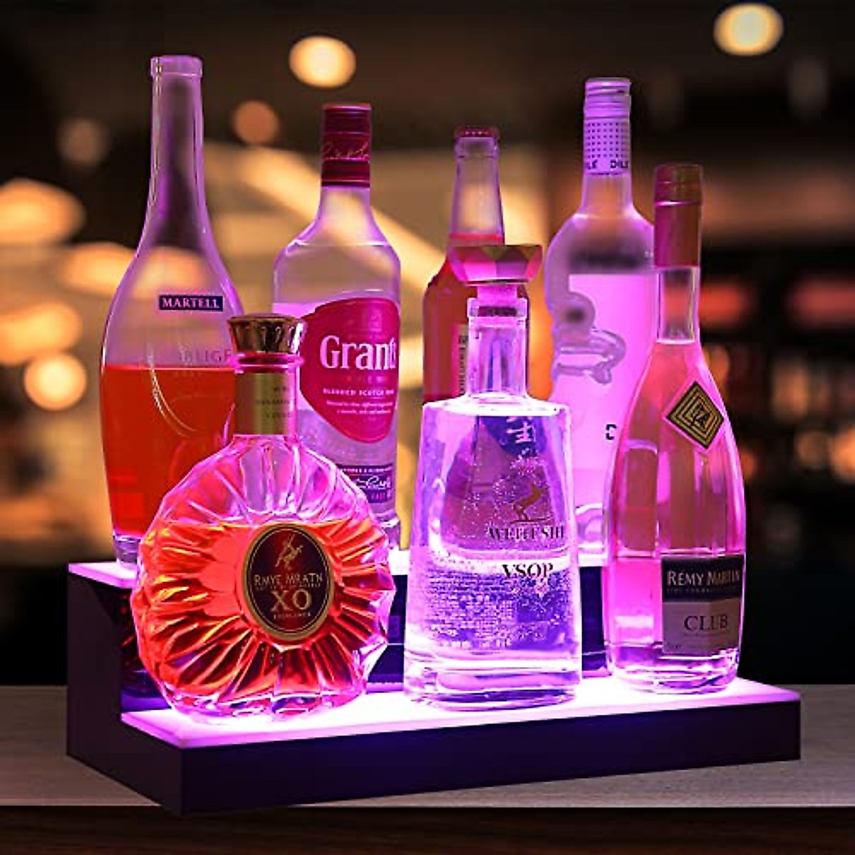 16 Inch LED Lighted Liquor Bottle Display Shelf 2 Step Illuminated Bar Bottle Shelf Lighted Bar Stand Acrylic Mounted Wine Racks for Commercial Home Bar Bottle Lighting Shelves with Remote Control