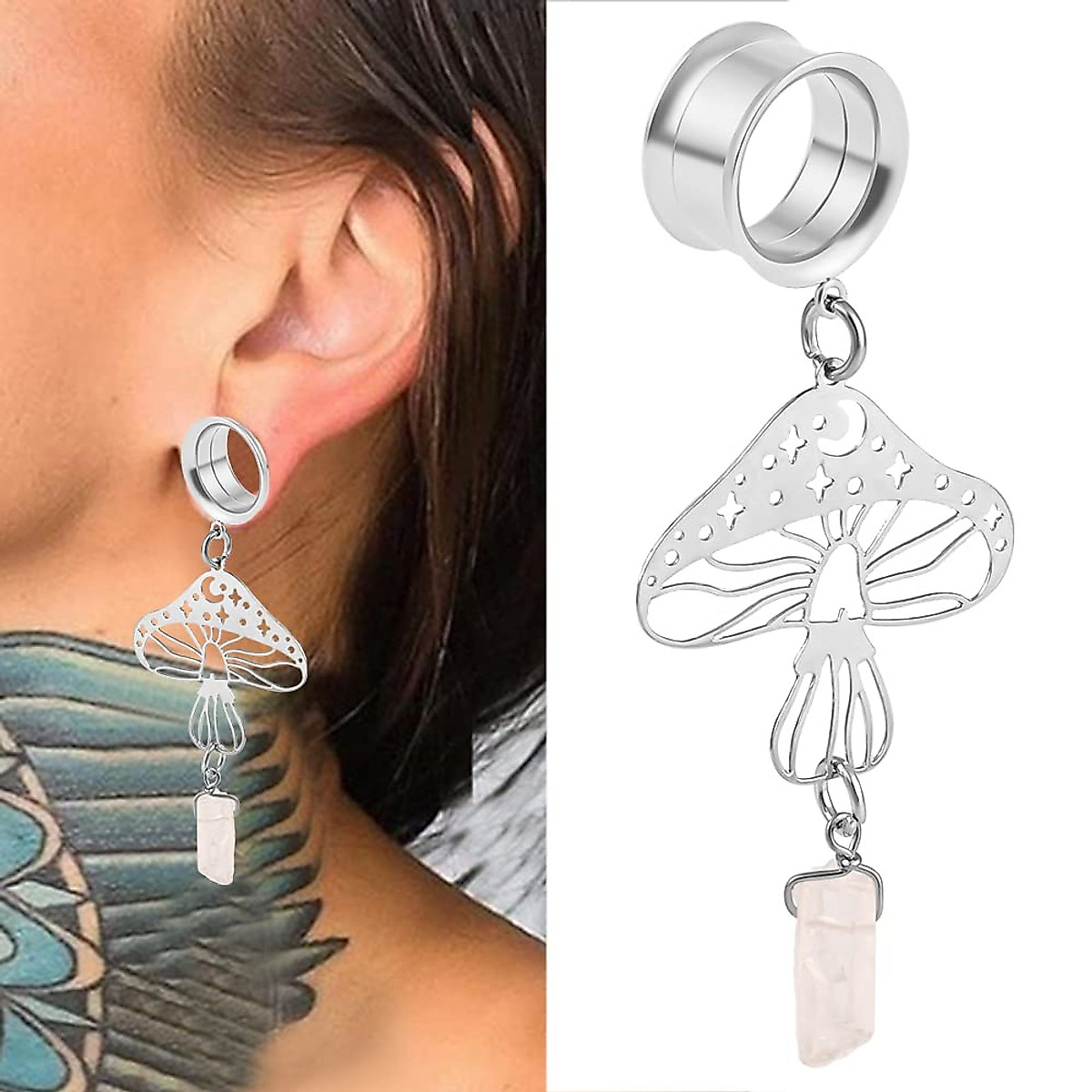 DOEARKO 2PCS Mushroom-Pendant Natural Stone Hypoallergenic Stainless Steel Dangle Ear Plugs Tunnels Ear Gauges Stretcher Pair Selling 2g 0g Piercing Body Jewelry (8mm(0G), Silver)