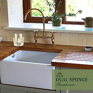 Alexa Mud Pie Sponge Holder for Kitchen Sink, Dual Ceramic Porcelain Cup for Sponges, Rustic Farmhouse Decor, Off-White