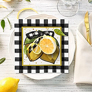 AnyDesign 100 Pack Lemon Napkins Disposable Paper Decorative Napkins Buffalo Plaids Lemon Dessert Dinner Hand Napkin for Spring Summer Luncheon Buffet Birthday Wedding Party Supplies, 6.5 x 6.5 In