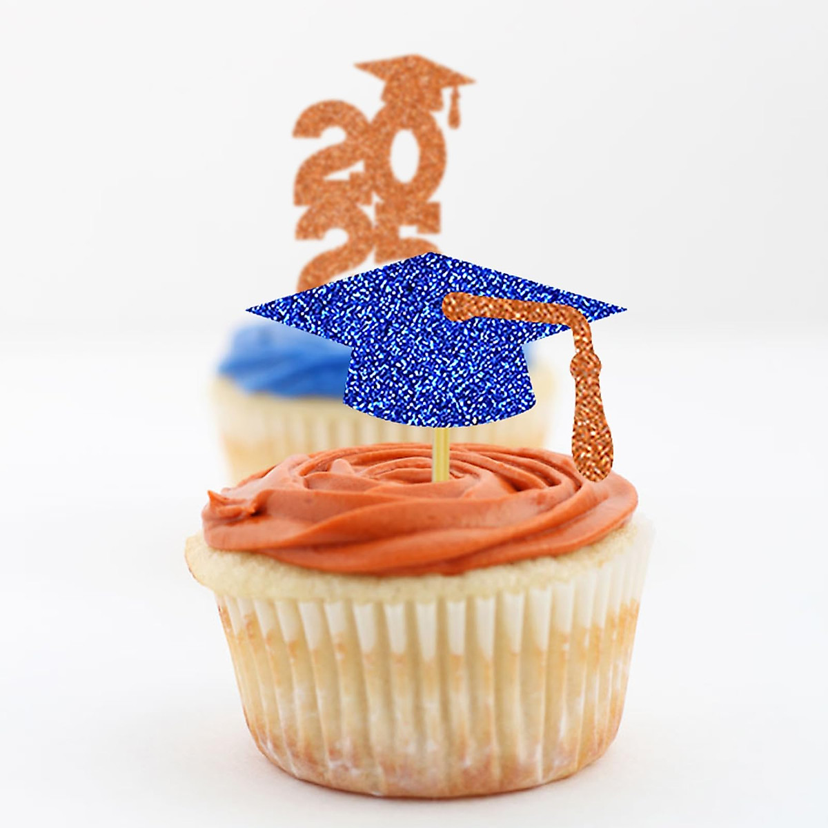 Graduation Cake Topper Congrats Grad Cupcake Toppers Kindergarten High School College University Glitter Decoration Blue Orange
