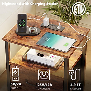 TRIFEBLE Nightstands Set of 2, Night Stand with Charging Station and Led Lights, Bedside Table with 2 Fabric Drawers for Bedroom, Small Side End Table with Open Shelf, Rustic Brown