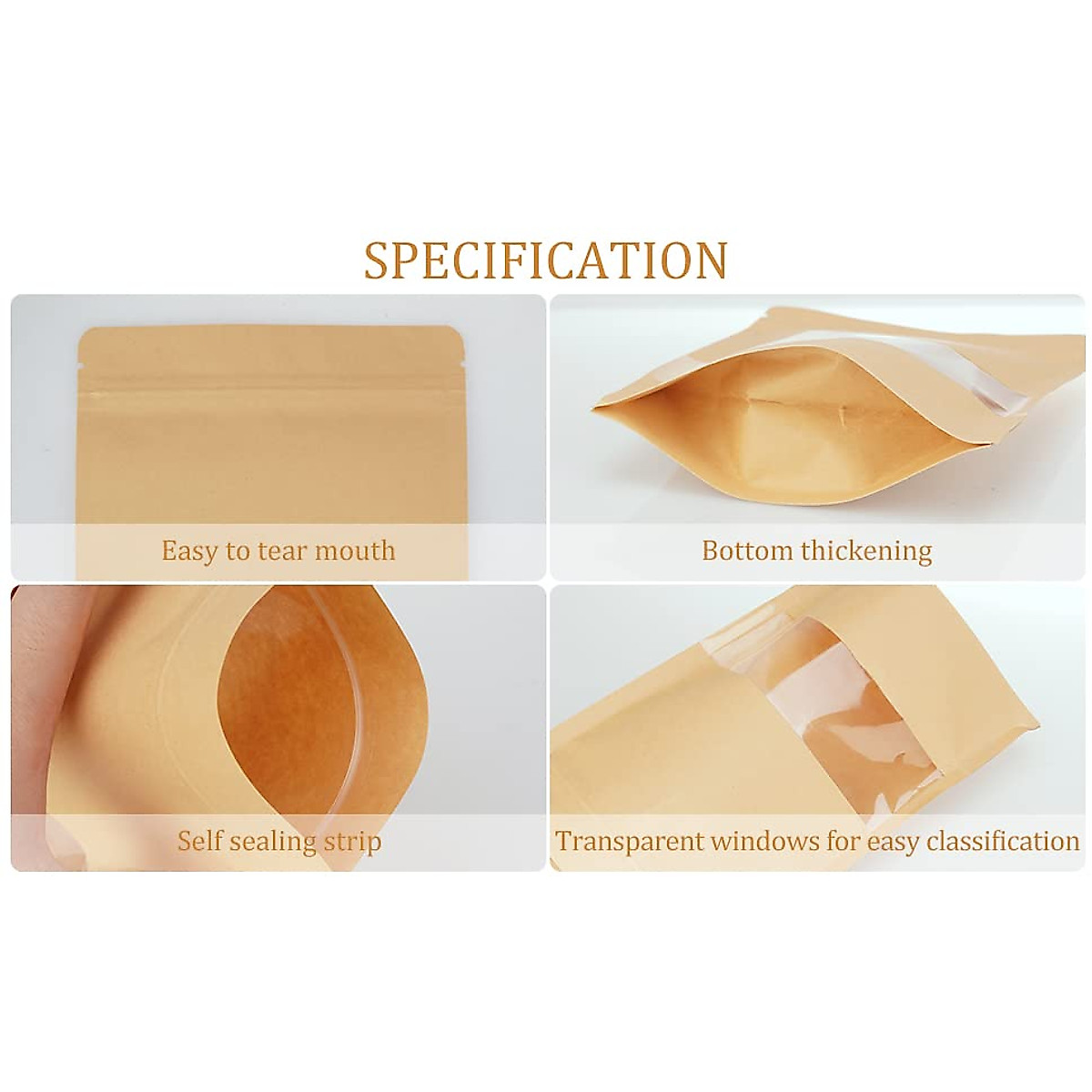 50 Pcs Stand Up Kraft Paper Bags with Window, Resealable Zip Lock Food Storage pouch,dog treat bags,Bakery Bags coffee bags candy bags sealable small business 5.5 x7.9 Inch, (Medium 5.5 * 7.9 Inch)