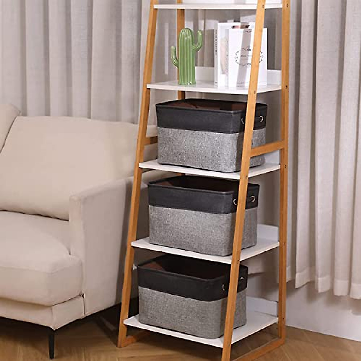 YanZhi 3PCS Large Storage Baskets for Shelves, Laundry Open Storage Bin Set with Sturdy Handles,Fabric Baskets for Organizing,Foldable Cotton Linen Cube Hampers for Closet,Nursery, Clothes, Toys,Dorm,Home & Office（Black)