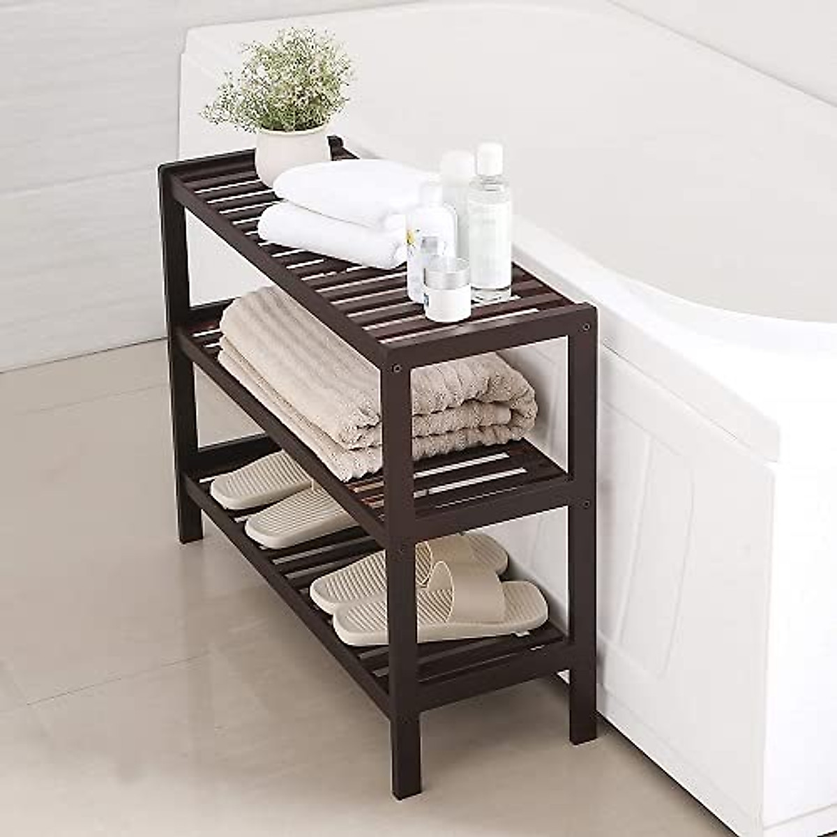 SONGMICS Bamboo Shoe Rack Bench, 3-Tier Shoe Organizer，Utility Storage Shelf Rack, Storage Shelf, 3-Shelf Shelving Unit,for Entryway Hallway Bathroom Living Room and Corridor Brown