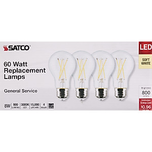 Satco S12463 8 Watt A19 LED Bulb, Clear, 3000K, Medium Base, 120 Volt, 4-Pack