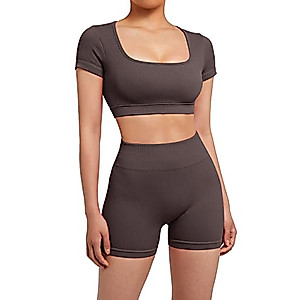 SUUKSESS Open Back Short Sleeve Scrunch Butt Booty Shorts Seamless Ribbed Workout Sets 2 Piece Outfits (#1 Dark Brown, M)