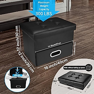 AmasSmile® Folding Storage Ottoman Foot Rest Stool with Drawers, 16 inch Leather Footstool Bench, Short Ottoman Bench, Storage Foot Rest Store, Books,Records Support 300 lbs, Black