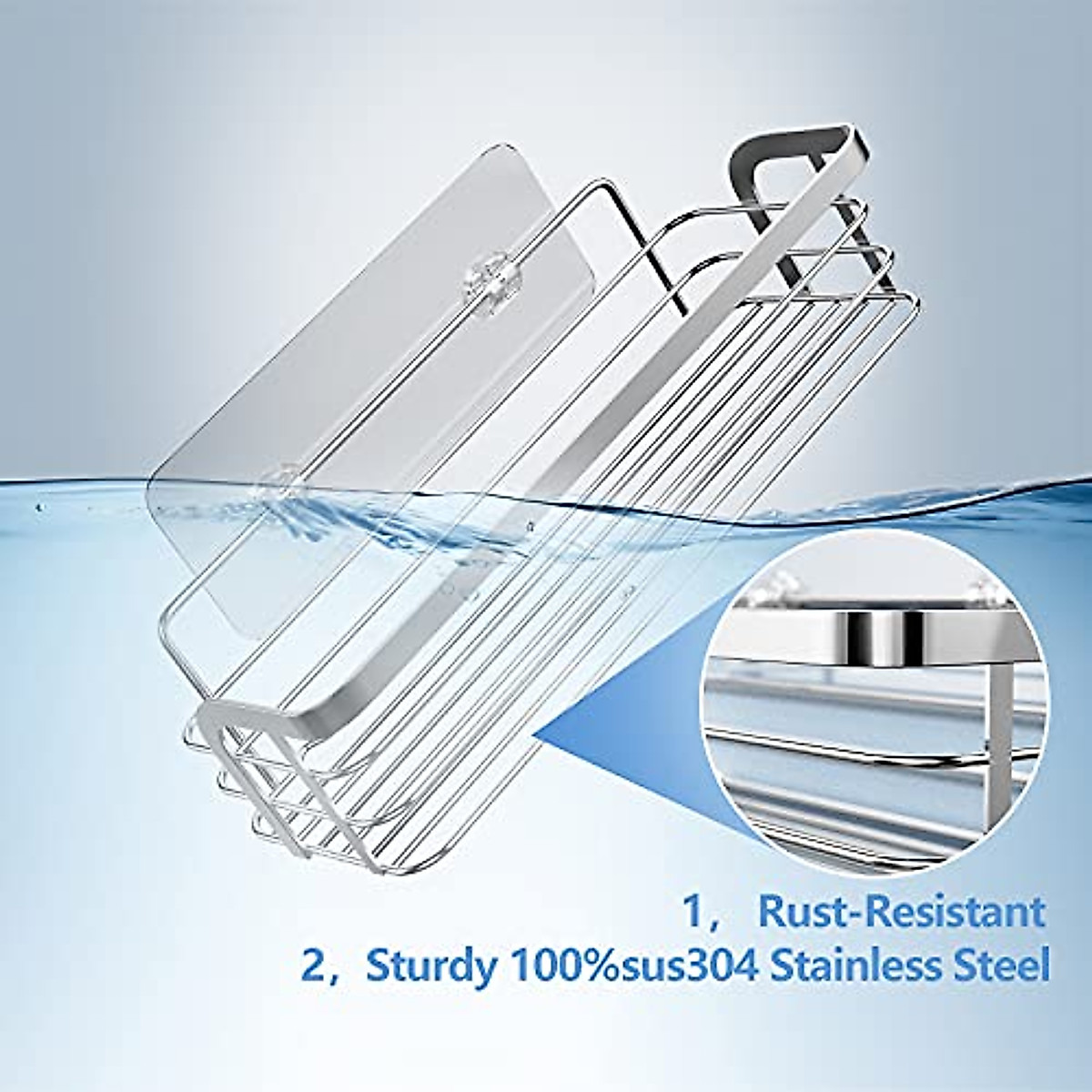 Adhesive Shower Caddy (2 Pack), Bathroom Shelves with 2 Double-Hooks, 100% SUS304 Stainless Steel Bathroom Organizer for Organization and Storage, Silver…