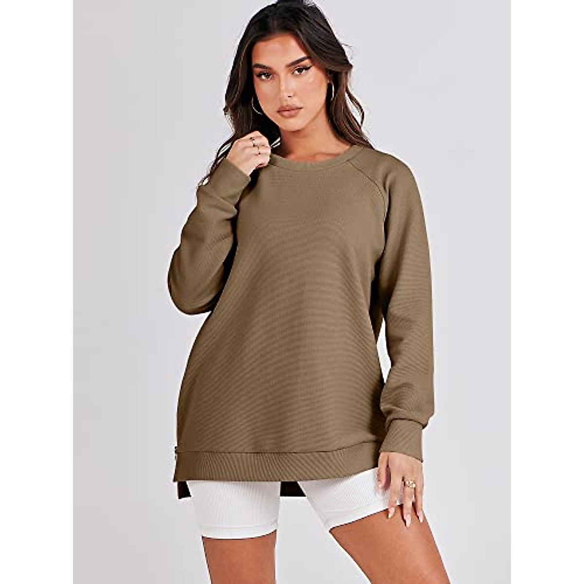 ANRABESS Women's Fall Casual Soft Long Sleeves Sweatshirts Pullover Tunic Tops Split Blouse with Side Zipper Teen Girls Trendy 2023 A1073-kaqi-L Khaki