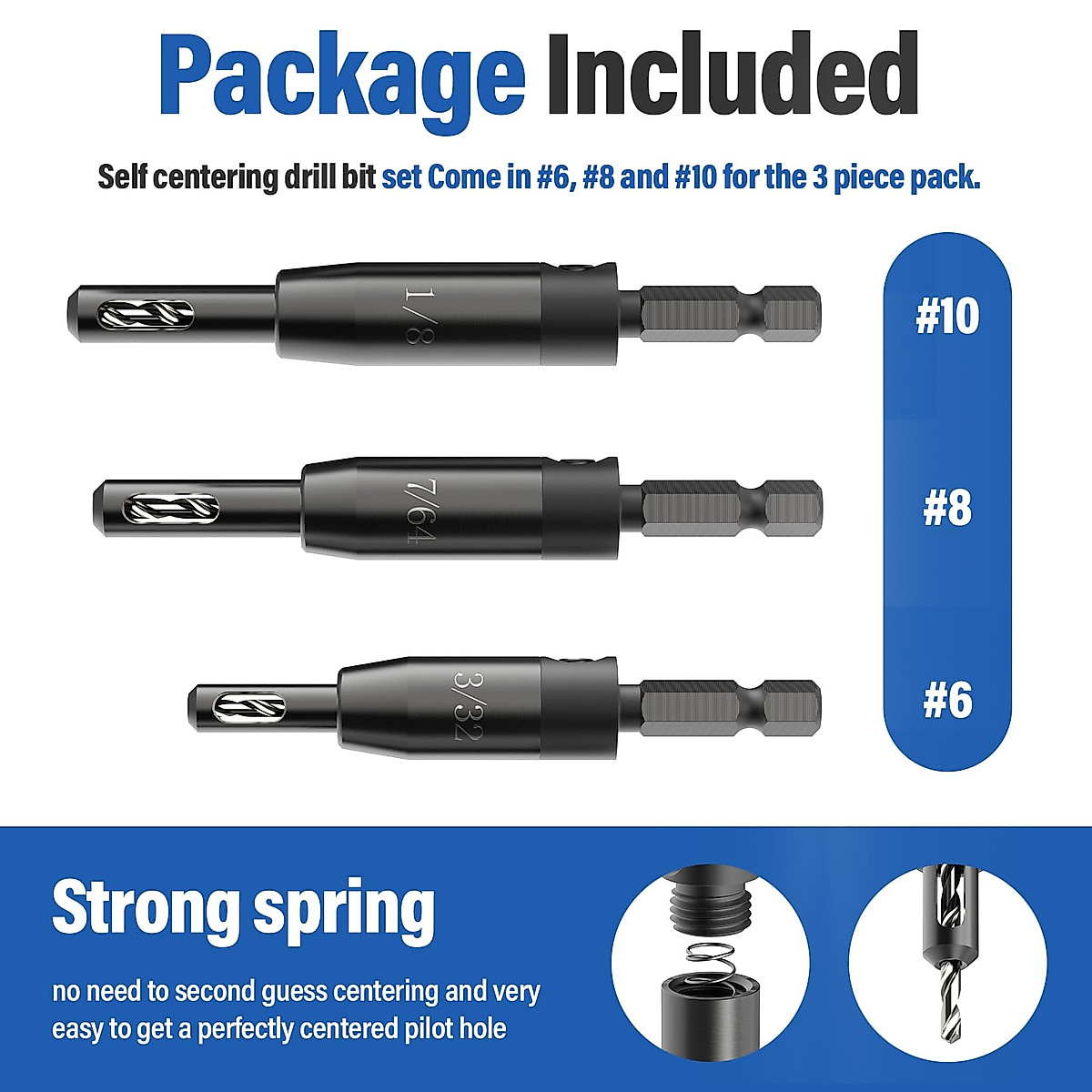 Apopip CC2430 Self Centering Drill Bit Assorted Set Fit for Bosch, Spring Loaded 3-Piece Clic-Change 1/4 in Hex Shank for Fast Bit Changes 3/32", 7/64", 1/8"