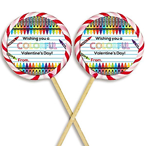 Colorful Crayon Valentine Party Favor Sticker Labels, 40 2" Party Circle Stickers by AmandaCreation, Great for Classroom Valentines, Envelope Seals, Gifts & Treats