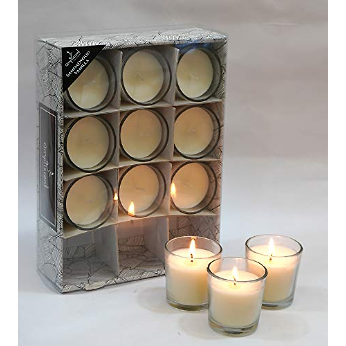 Ampliscent White Scented Glass Votive Candle - Set of 12 | Bulk Pack for Weddings, Bridal Showers or Home Parties and Centerpieces - Sandalwood Vanilla