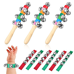 MILISTEN 3 Sets of Christmas Hand Jingle Bells and Band Wrist Bells, Hand Bells Ankle Bells, Wooden Handle Rainbow Bells Shaker Rattles, Hand Percussion for Christmas