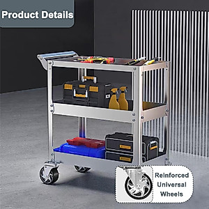 3-Tier Stainless Steel Utility Cart, 1100 lbs Heavy Duty Service Cart with Wheels, Rolling Tool Cart on Wheels, Work Cart for Mechanic, Garage, Workshop, Warehouse, 18.1" D x 30.7" W x 36.2" H