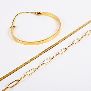 Layered Gold Chain 18K Gold Plated Herringbone Non-Tarnish Dainty Paperclip Stackable Stainless Steel Flat Snake Link Bracelet for Women Jewelry Set