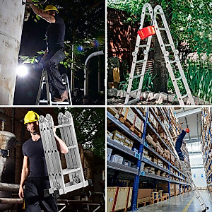 ERGOMASTER Extension Ladder 7 in 1 Aluminum Folding Step Ladders Adjustable Telescoping Multi Position Ladder for Home Stairs Roof Warehouse 330lbs（12.2 Feet）