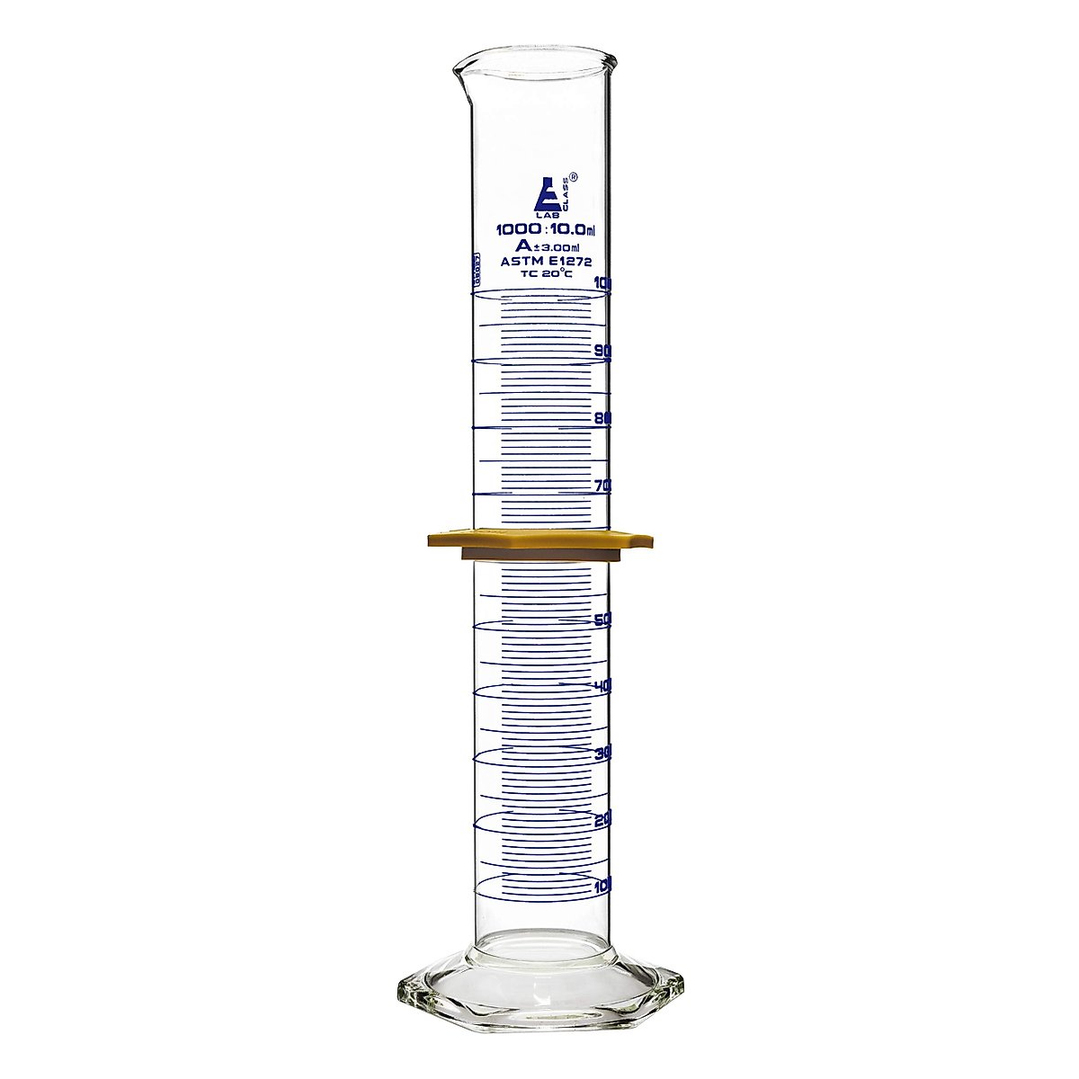 EISCO Graduated Cylinder, 1000mL - ASTM, Class A Tolerance ±3.00mL - Protective Collar, Hexagonal Base - Blue Graduations - Borosilicate 3.3 Glass