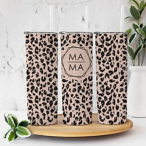YouNique Designs Leopard Mama Coffee Tumbler with Straw and Lid, 20 Oz, Insulated Stainless Steel Skinny Tumbler for Women, Cheetah Print Mom Tea Tumbler, Mom Life Water Tumbler Cup
