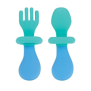 Nuby First Fork and Spoon Set - Utensils with Safety Guards for Babies 6+ Months - Green and Blue