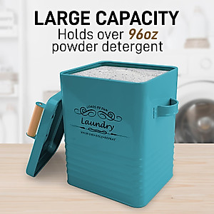ELITAPRO Laundry Detergent Storage Container with Scoop & Lid- Modern Farmhouse Metal Laundry Powder Dispenser for Laundry Room Decor and Accessories - Laundry Room Organization & Storage (Teal)