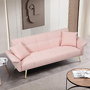 AZSJML Futon Sofa Bed, Teddy Sleeper Sofa Couch, 70" W Modern Tufted Sofa Couch with Adjustable Arms and Backrests for Living Room,Small Spaces,Bedroom,Pink