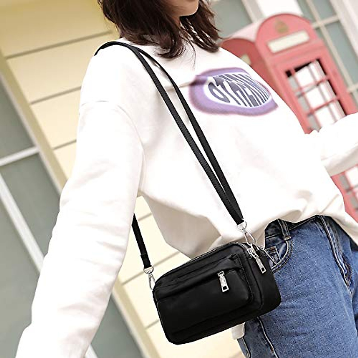 YANAIER Multi-Zipper Crossbody Handbag Purse, Women's Nylon Wristlet Mini Crossbody Bag Clutch with 2 Straps Black