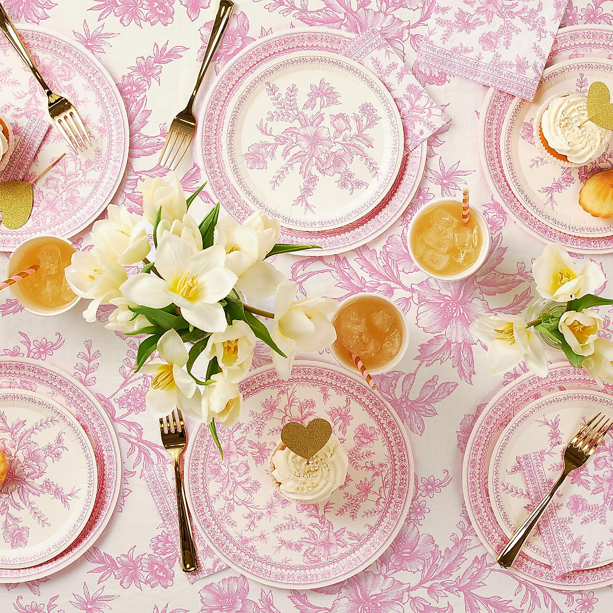 Coterie Pink Toile Paper Tablecloth | Rectangle Tablecloth/Table Cover for Bridal and Baby Shower, Tea Party, Garden Party, Birthday Party | 8.5' by 4.5' Table Cloth Rectangle Table