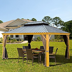 Double Hardtop Gazebo 12'x16',Wood Looking Hardtop Gazebo Outdoor Pergola Metal Gazebos Backyard Pavilion Aluminum Roof Canopy with Mosquito Netting and Curtains for Patio,Garden,Lawn