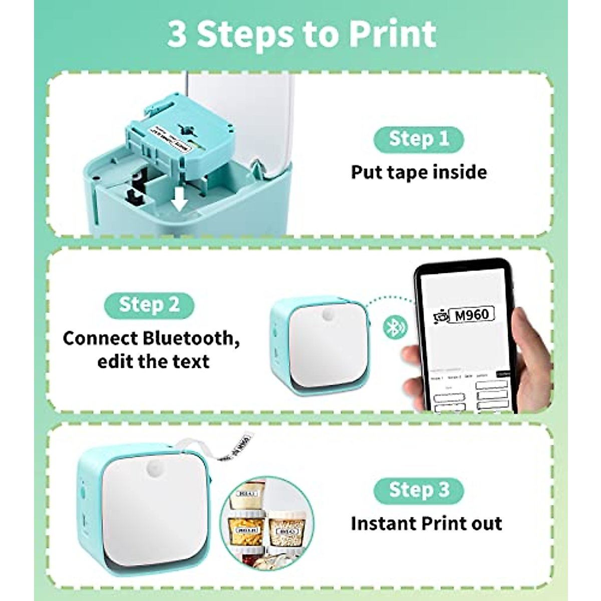 Vixic Label Maker with Tape, M960 Bluetooth Label Maker Machine, Small Mini Portable Label Makers Multiple Templates Font Icon for Home School Office Organization, Inkless Rechargeable,Green