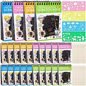 YSCare 24 Pack Scratch Arts and Crafts Notebooks, Rainbow Scratch Arts Paper with 24 Wooden Stylus and 4 Drawing Stencils, Christmas DIY Arts and Crafts for Kids Birthday Party Favors Game Gift