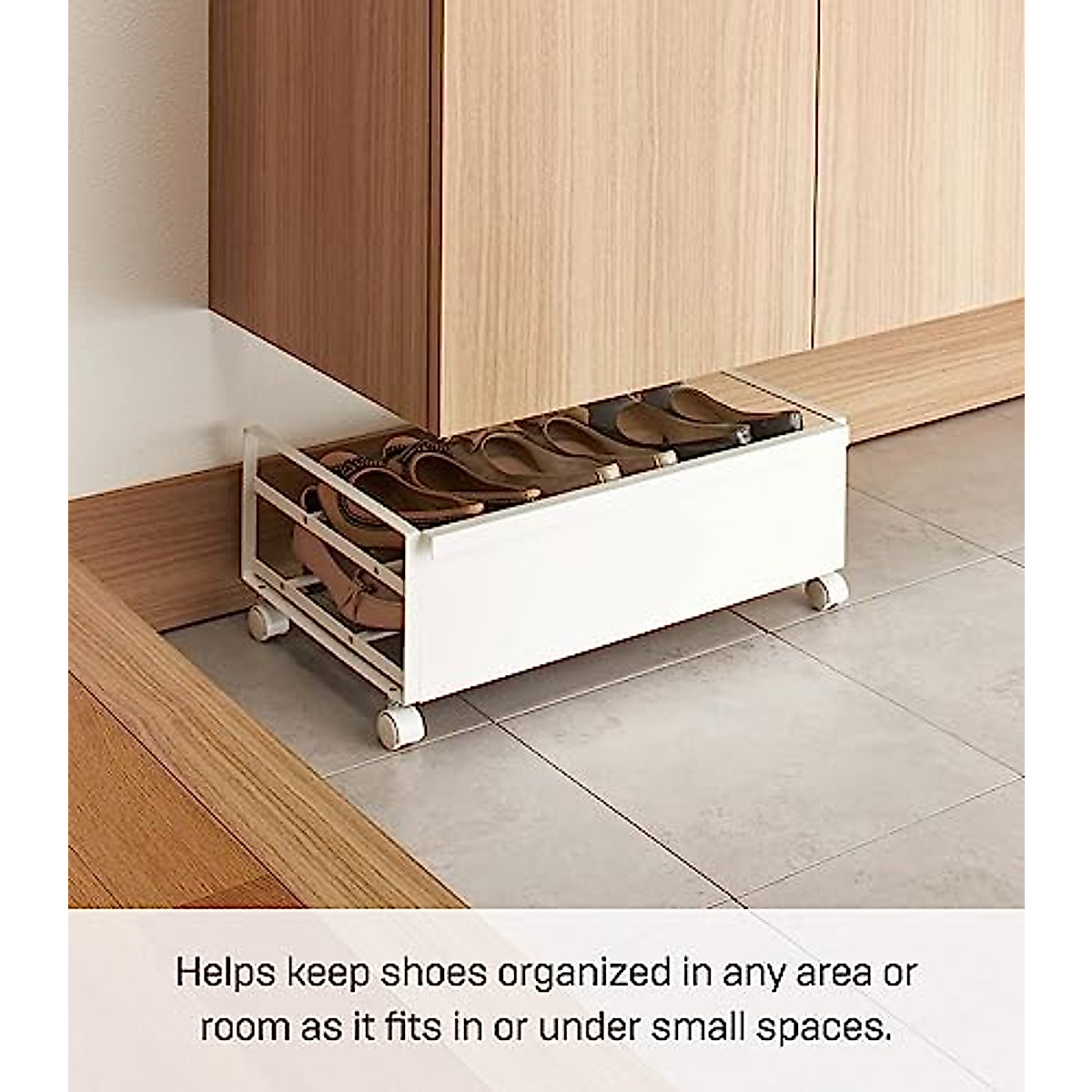 Yamazaki Home Frame Rolling Shoe Rack, 9" - Steel - Holds 4 Shoes, 6 Heels