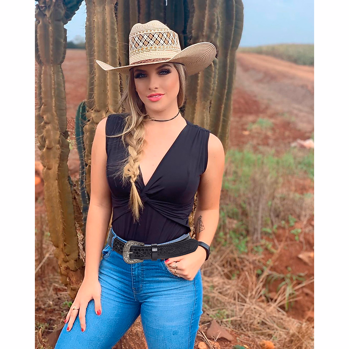 UTOWO Adjustable Vintage Western-Belts for Women Men Embossed PU Leather Buckles Cowboy-Cowgirl-Belt (for 28-38" Waist)