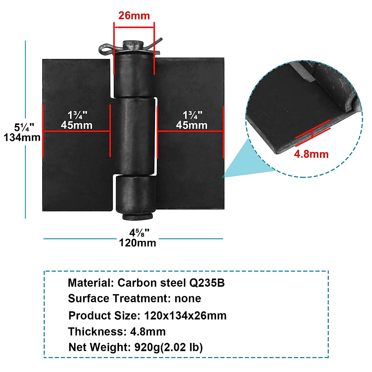 3 Pack 5-1/4" x 4-5/8" Weldable Door Hinges Heavy Duty Metal Gate Hinges Steel Butt Hinge with Removable Pin, 4.8 mm Thickness