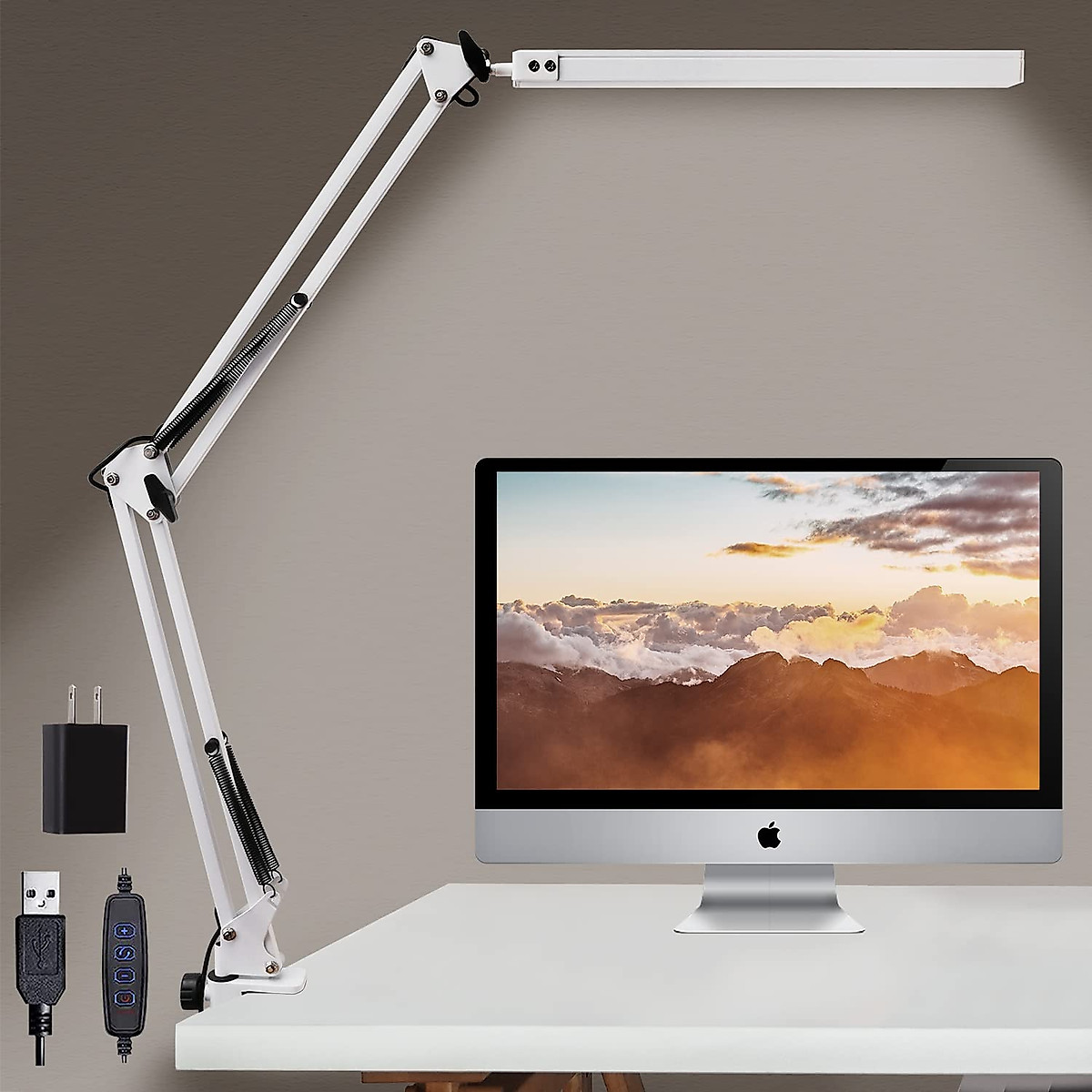 LED Desk Lamp, Adjustable Swing Arm Desk Light with Clamp, 3 Modes &10 Brightness, Study Clamp Light for Architect Kids, Memory Function, Bright Desk Lamps for Home Office Read Room Desktop, White-14W