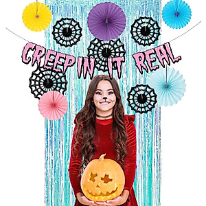 Cheerland Halloween Party Backdrop Pastel Banner Spiderweb Fan Banner Foil Party Streamers for Halloween Theme Birthday Wedding Baby Shower Cosplay Party Supplies