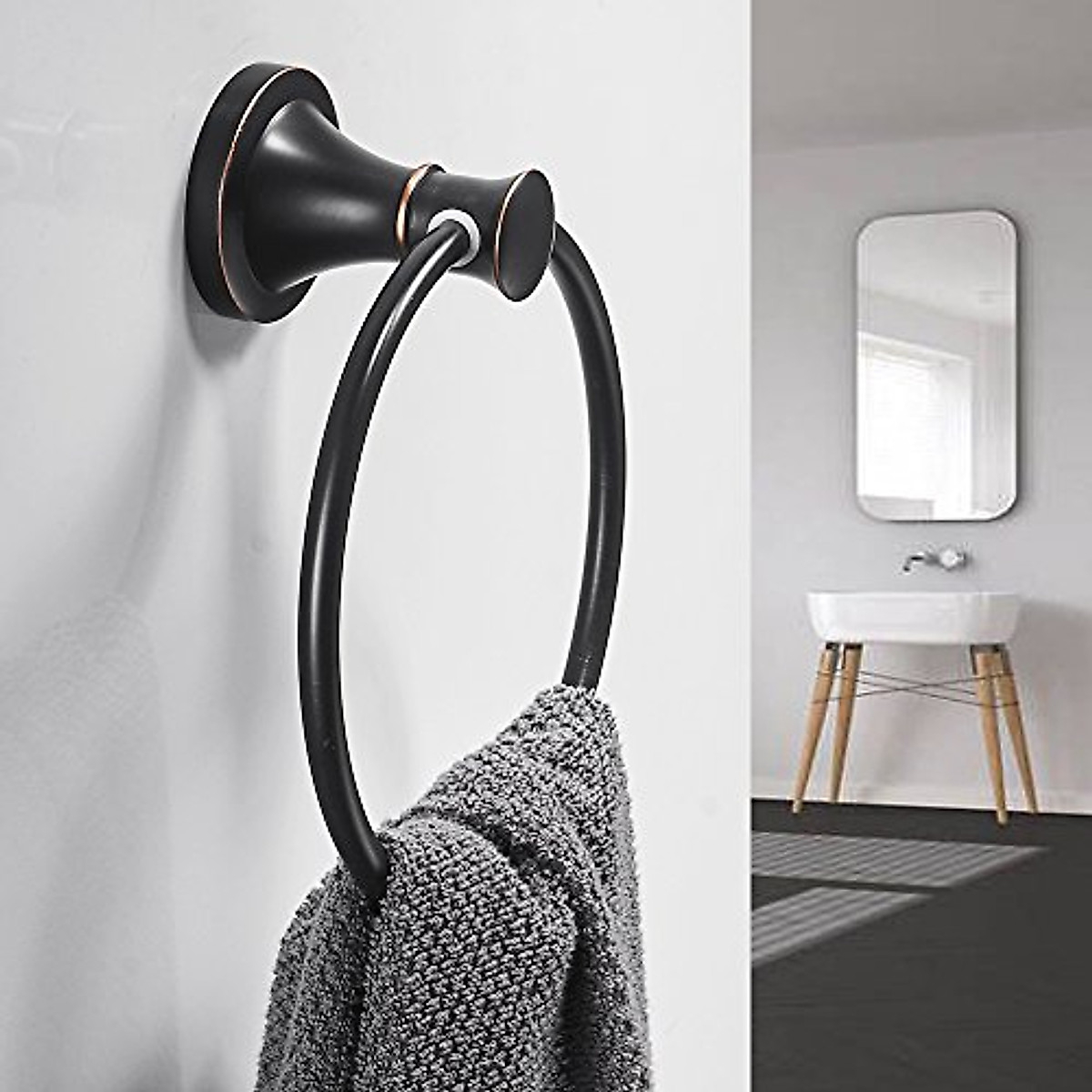 BESy Oil Rubbed Bronze 4 Piece Bathroom Accessories Set (Single Towel Bar, Towel Ring, Toilet Paper Holder, Double Towel Hooks), Wall Mounted Bath Hardware Accessory Fixtures Set
