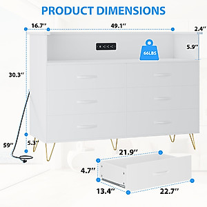 White Dresser for Bedroom with Power Outlet & LED Light, 6 Wooden Drawers Dressers with 2-Tier Open Shelves, Modern Chest of Double Wide Drawers for Living Room, Entryway, Hallway TV Stand