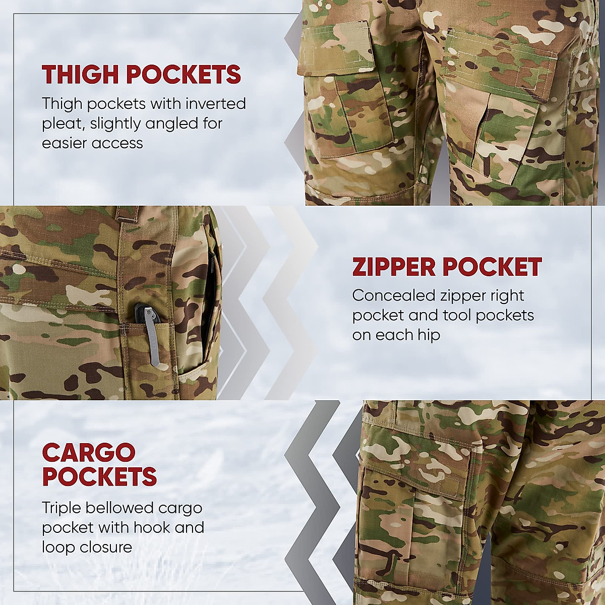 Vertx Recon Mens Combat Pants with Cargo Pockets, Overt Tactical Gear Uniform Clothing for Men, Multi-Cam, 38x 30