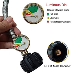 4FT/48 Inch Propane Refill Adapter Hose with Gauge Stainless Braided QCC1 Type Inlet Extension Propane Refill Hose with ON/Off Control Valve for 1LB Propane Gas Tank 350PSI High Pressure Camping
