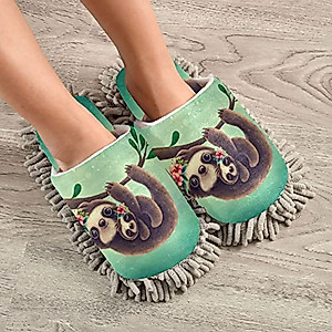 Sloth Mom Baby Mop Slippers Shoes Cover for Floor Cleaning Washable Dust Dirty Hair Cleaners Microfiber Mop Socks for House Office Kitchen