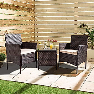 Tuoze Tozey 3 Pieces Patio Furniture PE Rattan Outdoor Conversation Set with Table Backyard Porch Garden Poolside Balcony (Brown)