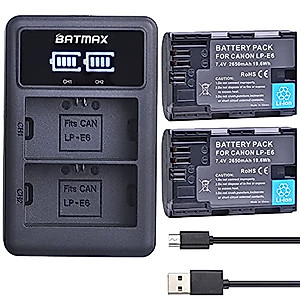Batmax 2Pcs 2650mAh LP-E6 LP-E6N Battery + LED Dual Charger for Canon EOS R, R5, R6, Ra, XC10, XC15, 5D Mark II/III/IV, 5DS, 5DS R, 6D, 6D Mark II, 7D, 7D Mark II, 70D, 80D, 90D,Blackmagic 4K/6K