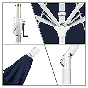 California Umbrella 9' Round Aluminum Market Umbrella, Crank Lift, Push Button Tilt, White Pole, Navy Blue Olefin