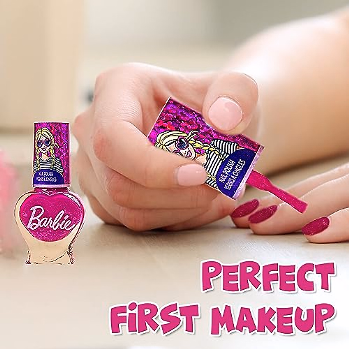 Barbie Movie 18 Piece Kids Water-Based Nail Polish Activity Makeup Set, Includes Nail Polish with Nail Gems Wheel and Nail File for Parties, Sleepovers and Makeovers, Townley Girl