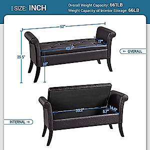 Yaheetech 52in Ottoman Bench Folding Storage Ottoman Bench Tufted Faux Leather Entryway Bench with Arms Footstool with Large Storage Foot Rest Seat Rolled Arms Cushioned Ottoman Dark Brown