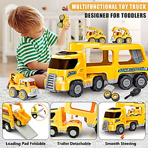 BASPOJO Construction Truck Toys for 3 4 5 6 Year Old Boys, 5-in-1 Friction Power Toy for Kids 3-5, Carrier Truck Cars for Toddlers 1-3, Kids Toys Set for Age 3-9, for 3+